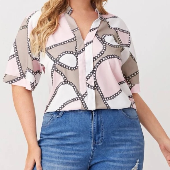 SHEIN | Tops | Nwot Pink White Notch Neck Chain Print Blouse | Poshmark